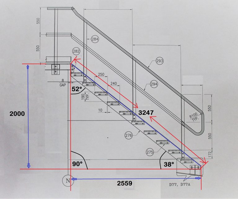 Structural staircase degree and length calculation formula