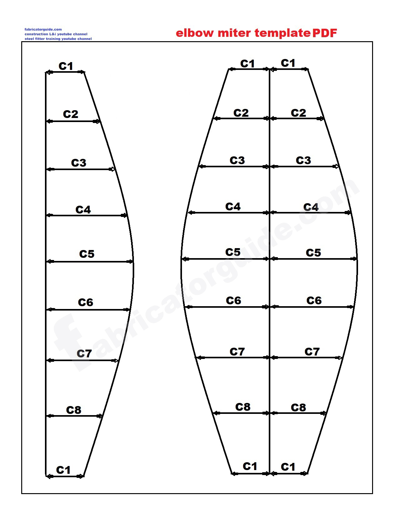 90 degree elbow miter bend PDF chart | pipe size 2"/3"/4"/6"/ 8"/10"/12"
